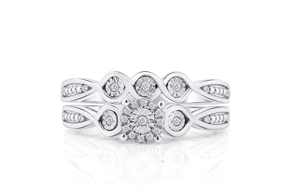 AFFY 1/10 ctw Round White Natural Diamond Set Ladies Engagement Wedding Bridal Ring Set In 14k White Gold Plated Sterling Silver (I-J / I2-I3, 0.10 ctw) Size-10