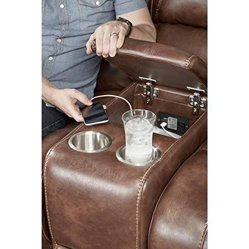 Roundhill Furniture Achern Brown Leather-Air Nailhead Manual Reclining Loveseat with Storage Console