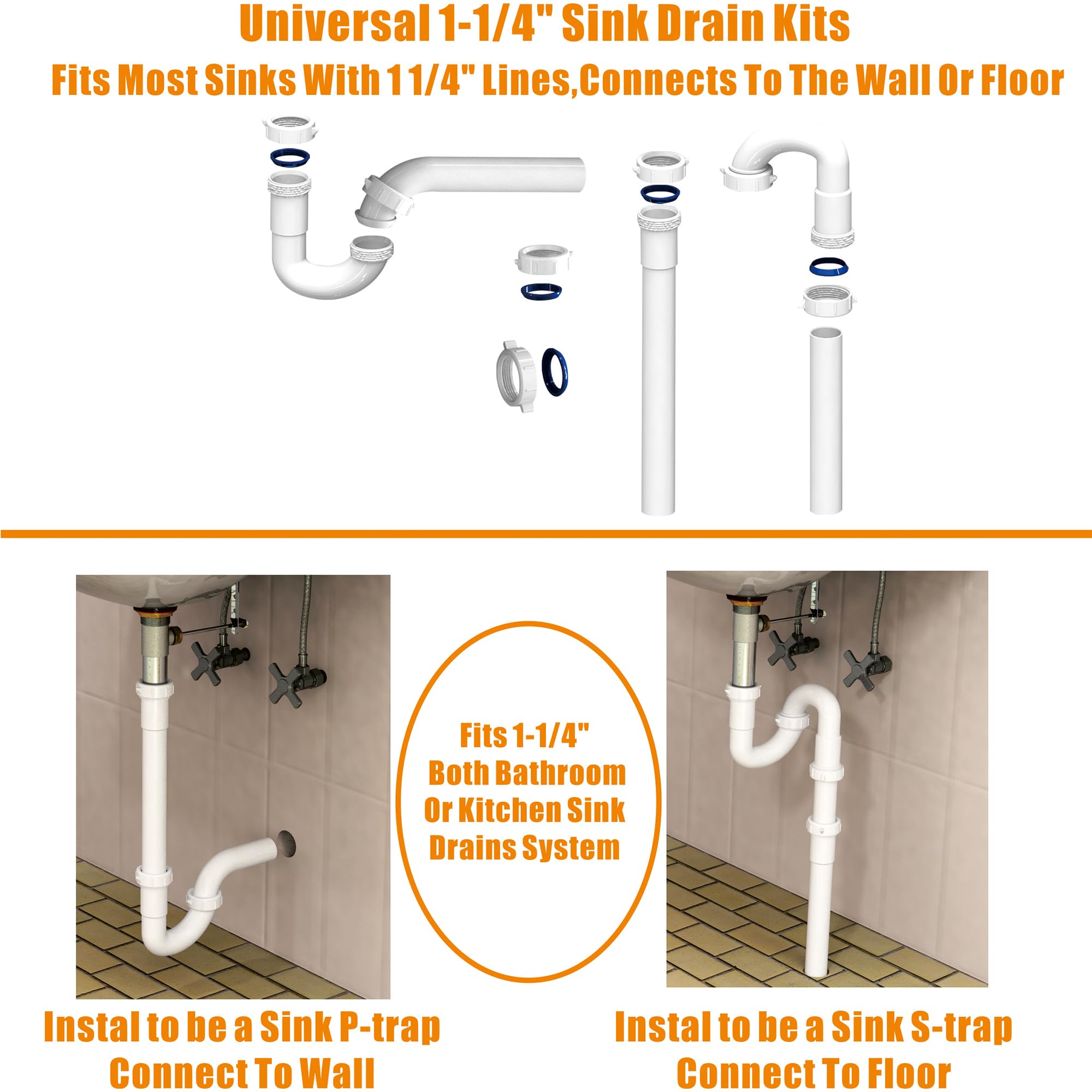 Bathroom Sink Drain Kit,1-1/4β Sink Drain Kit for Most Bathroom Sink Drain Repair Kit and Kitchen Sink Drain Kit,1-1/4β P Trap or S Trap Sink Plumbing Kit,Sink Pipe Replacement Kit