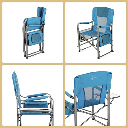 ARROWHEAD OUTDOOR Folding Director’s Chair w/Side Table & Integrated Cooler, Cup Holder, Storage Pouch, Supports up to 450lbs, Carrying Case, Steel Frame, High-Grade 900D Canvas, Blue (KKS0293U)