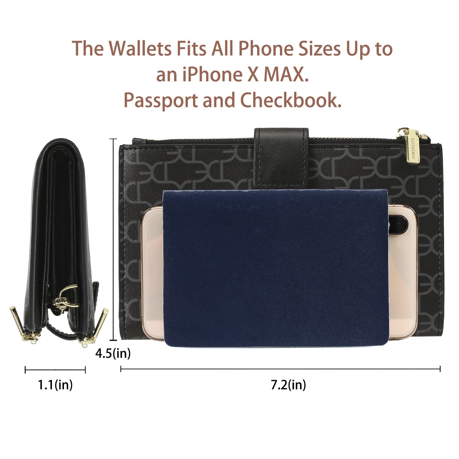 ENYISDAN Women Wristlet Clutch Wallet Long RFID Blocking Leather Wallet Multi Card Zipper Wallet with Credit Card Case Zipper Pocket Holder (black background/gray and white letters)