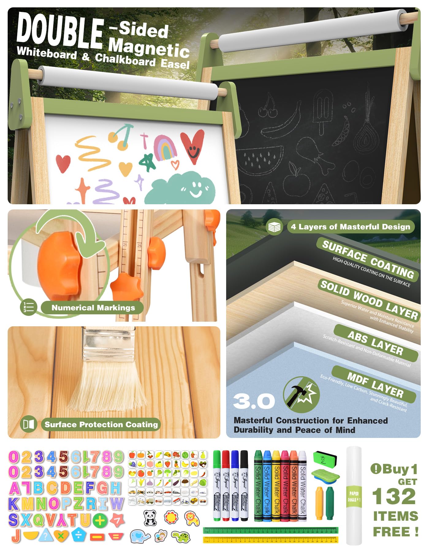 Joyooss Art Easel for Kids, Double-Sided Magnetic Easel for Children with Whiteboard & Chalkboard, Deluxe Standing Easel for Toddler with Paper Roll & Painting Accessories Painting Station for Kids