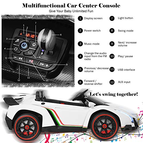 Costzon 2-Seater Ride on Car, Licensed Lamborghini Poison, 12V Battery Powered Car w/ 2.4G Remote Control, 3 Speed, Swing Mode, LED Lights, Horn, USB/MP3/TF, Electric Vehicle for Kids, White