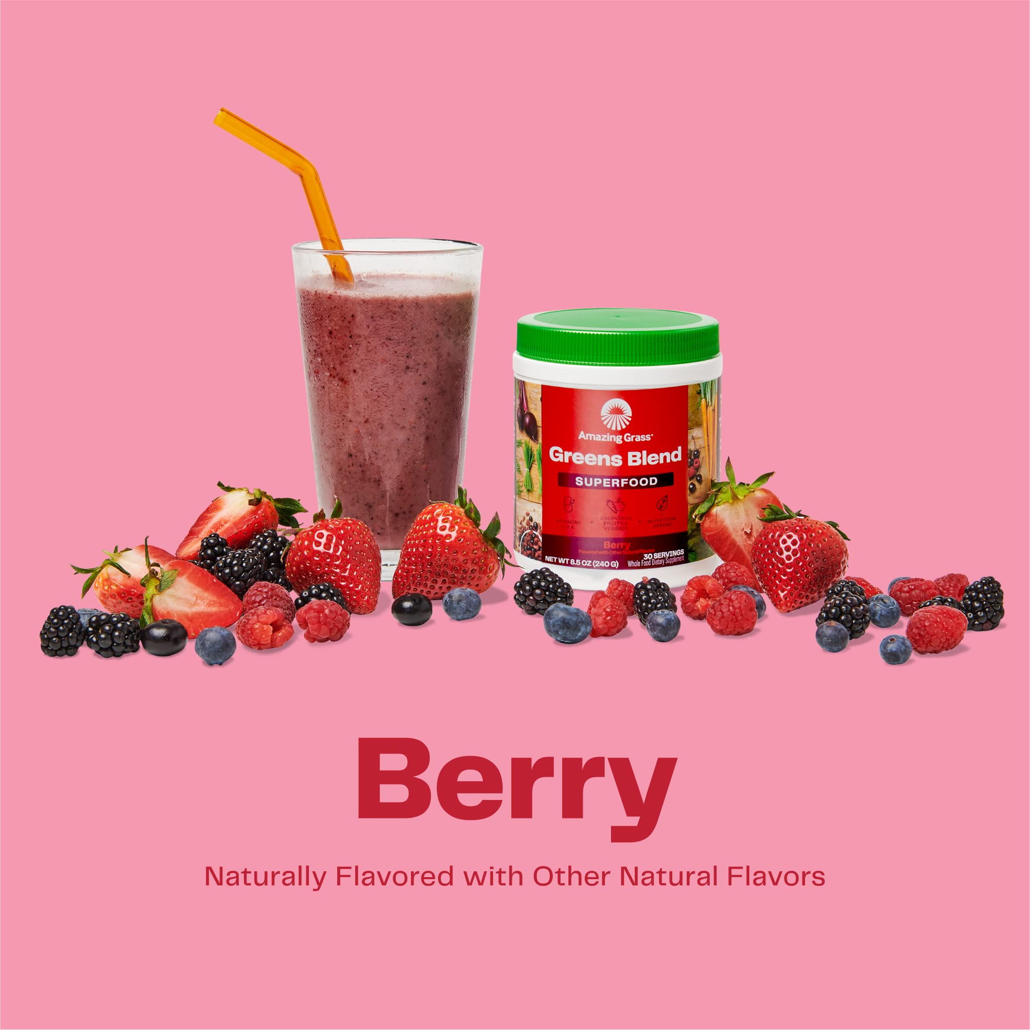 Amazing Grass Greens Blend Superfood: Super Greens Powder Smoothie Mix with Organic Spirulina, Chlorella, Beet Root Powder, Digestive Enzymes & Probiotics, Berry, 60 Servings (Packaging May Vary)