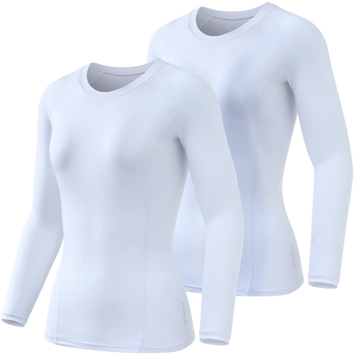 ATHLIO Women's Sports Compression Shirt, Cool Dry Fit Long Sleeve Workout Tops, Athletic Exercise Gym Yoga Shirts, 2pack White/White, X-Small