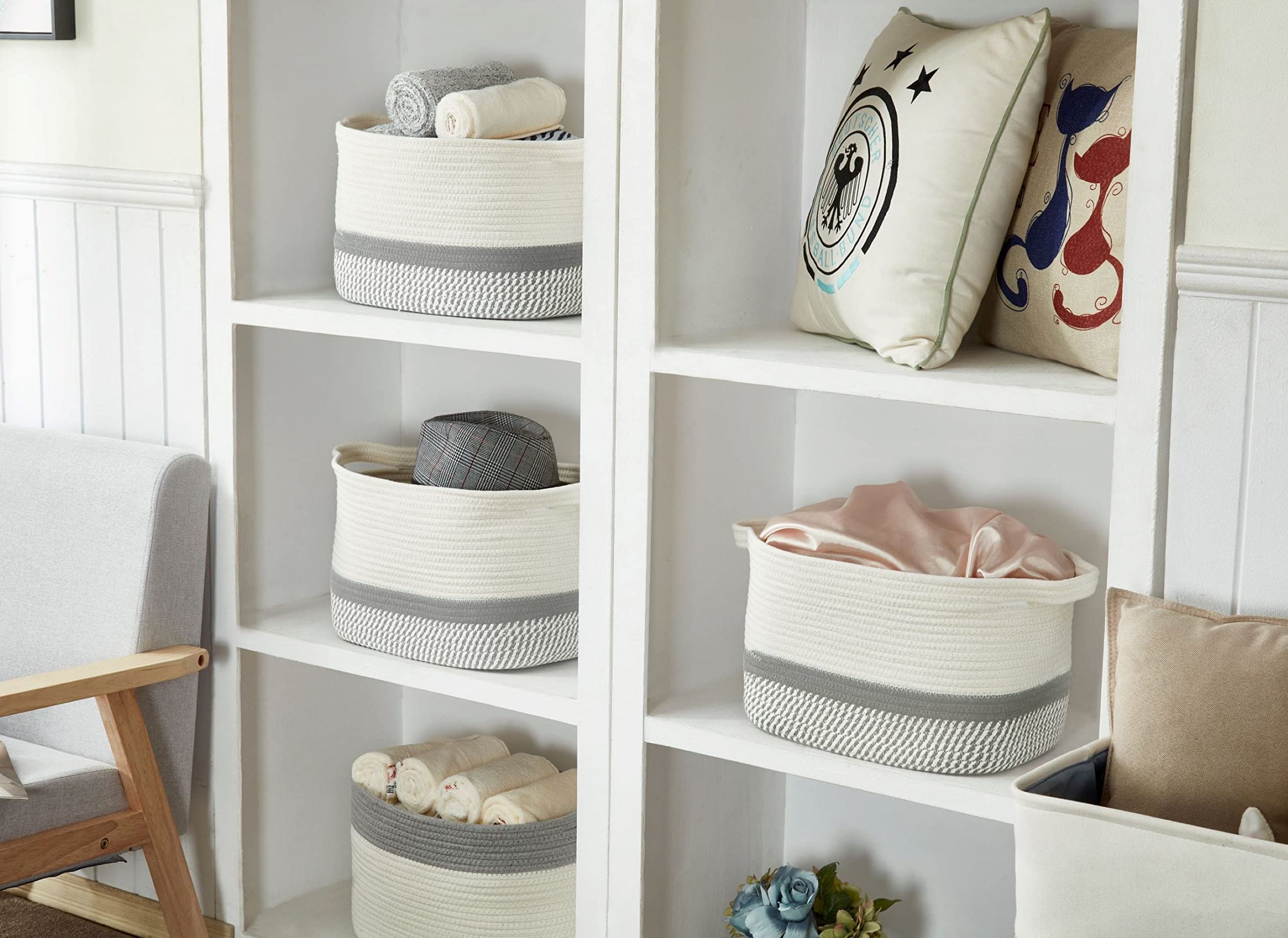 DECOMOMO Woven Baskets for Storage | Large Decorative Cotton Rope Basket for Organizing Baby Toy Book Nursery Kids Laundry Organizer 15" x 11" x 10" (Grey, Large – Set of 3)