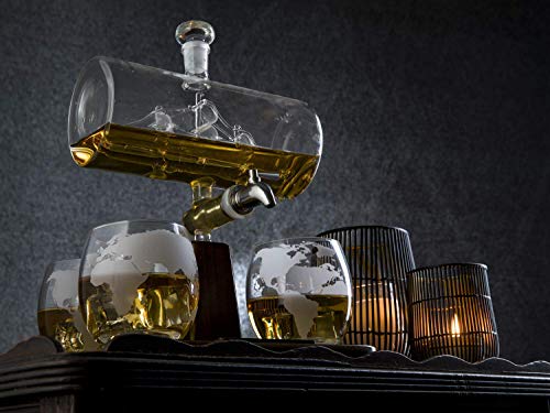 Whiskey & Wine Decanter Gifts for Men & Dad, Ship Decanter 1000ml, Set with 4 Globe Drinking Glasses - Cool Liquor Dispenser for Home Bar Unique Birthday Gift Ideas from Wife, Daughter, Son Present