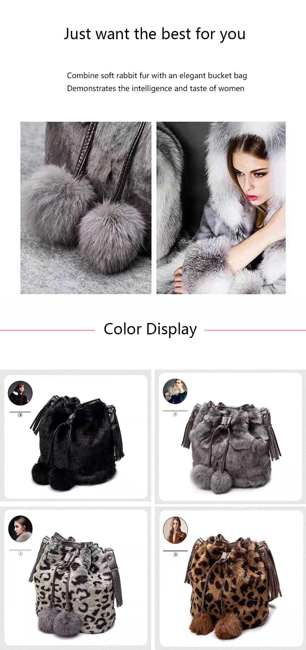 ENYIWH Women Leopard Print Faux Purse Fur Drawstring Bucket Bag Shoulder Crossbody Bag