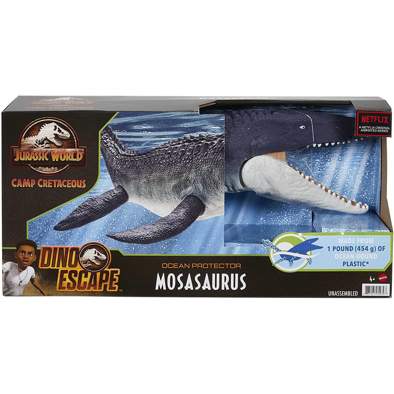 Mattel Jurassic World Dominion Ocean Protector Mosasaurus Dinosaur Action Figure from 1 Pound of Recycled Plastic, Movable Joints, Toy Gift with Physical and Digital Play