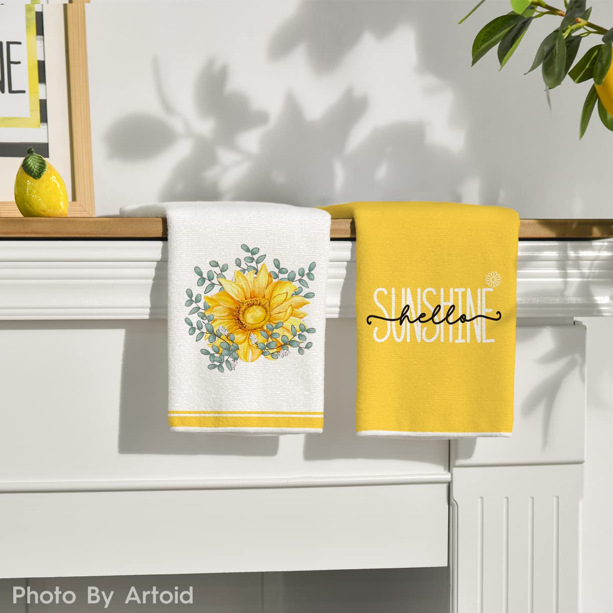 Artoid Mode Eucalyptus Leaves Sunflower Summer Kitchen Towels Dish Towels, 18x26 Inch Hello Sunshine Holiday Decoration Hand Towels Set of 2