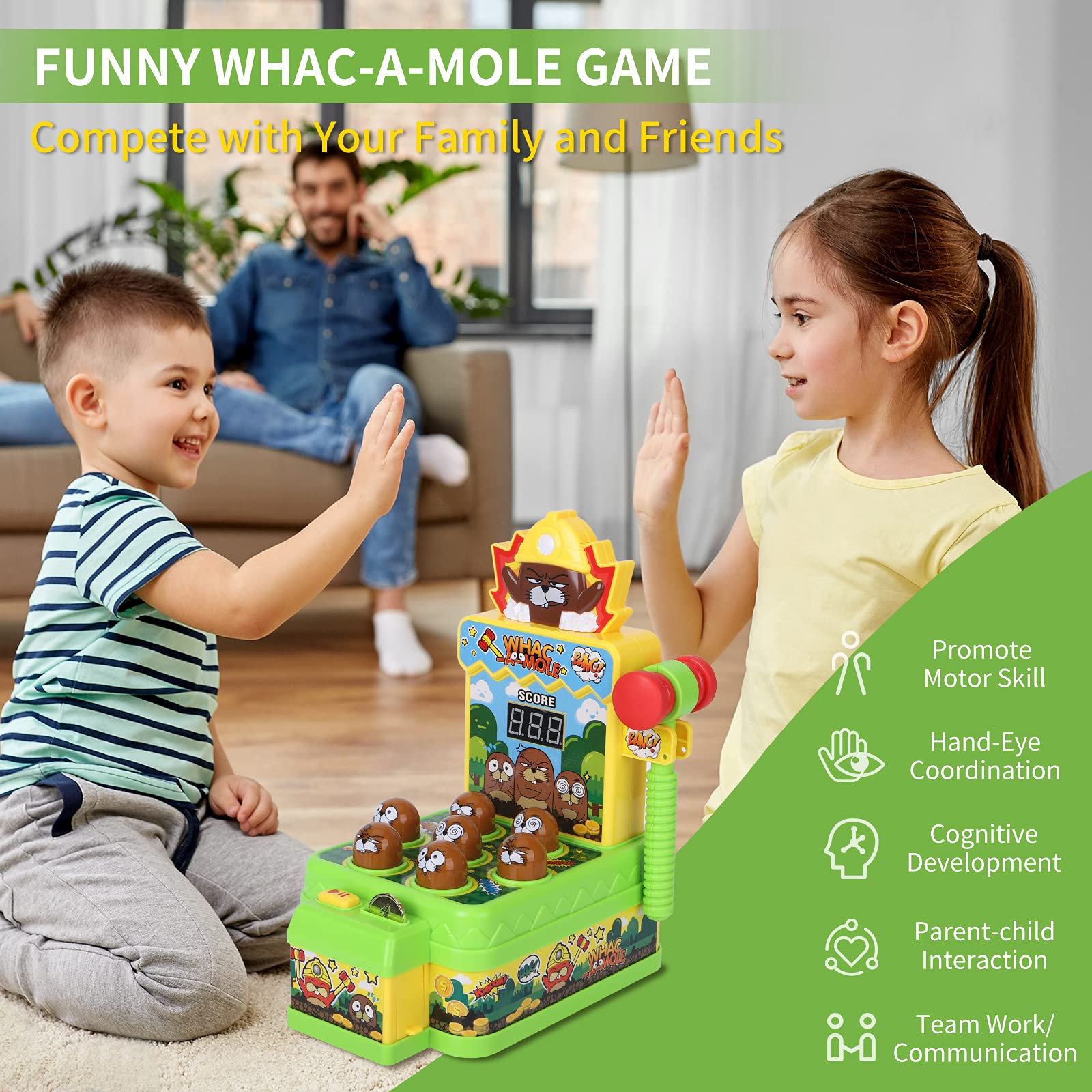 EOKKTOY Arcade Game Mole Toy,Interactive Pounding Toy, Fun Gift for Age 3 4 5 6 7 8+ Years Old Kids,2 Hammers & 12 Game Currency Included, Cartoon Mole Style Fun Halloween Toy with Sound & Light