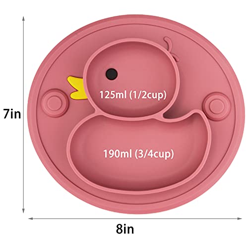 Baby Divided Plate Placemat Silicone- Portable Non Slip Child Feeding Suction Plate for Children Babies and Kids BPA Free Baby Dinner Plate Microwave Dishwasher Safe (Duck-Blush)