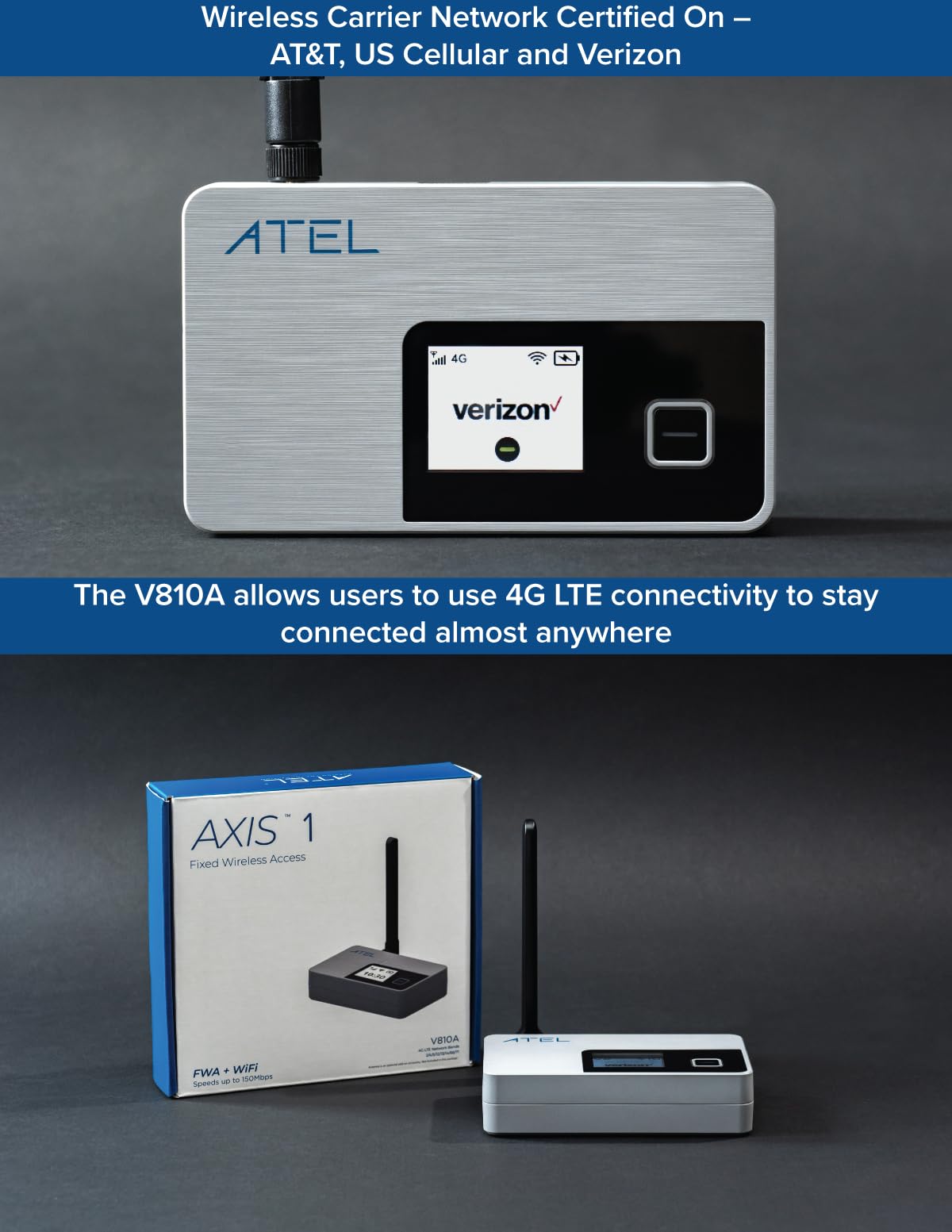 ATEL V810A 4G LTE Fixed Access Router w/Battery & Antenna | LTE Cat-4 | Data Speeds of 150Mbps Downlink | 50Mbps Uplink | Connect up to 15 Devices |Compatible w/Verizon Network