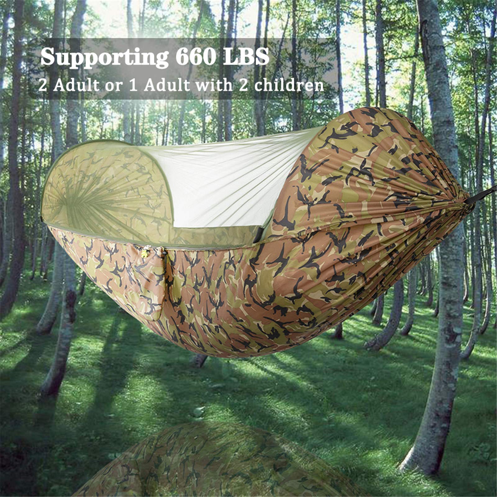 AMZQJD Camping Hammock with Automatic Pop-up Mosquito Net, Portable Single & Double Hammock with Tree Straps, Carabiners and Storage Bag for Outdoor, Travel, Hiking(Camouflage)
