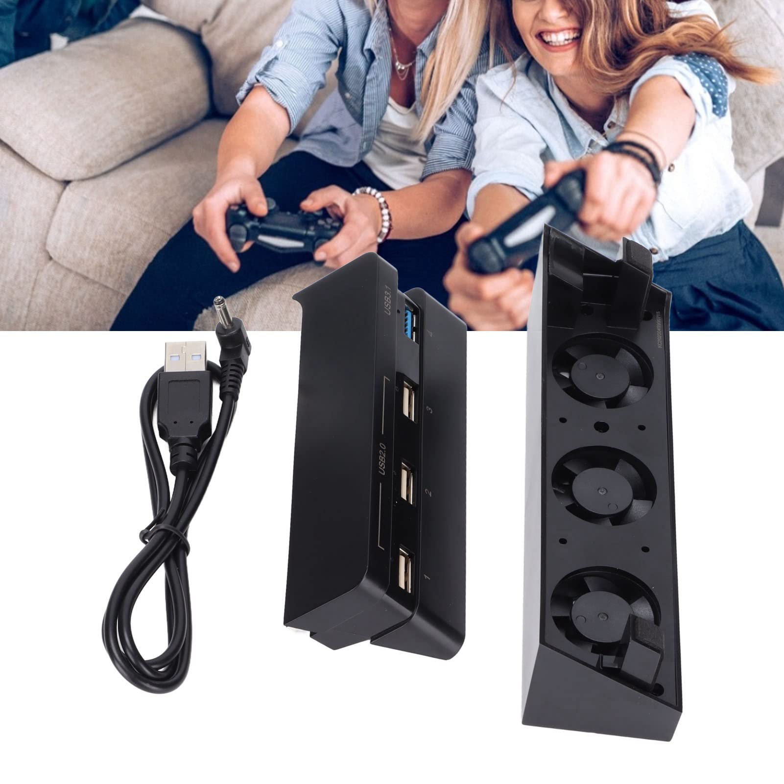 Kafuty-1 Cooling Fan and USB Hub Combination Kit for PS4 Slim Console System,4-Port USB 3.0 Adapter Splitter,Automatic Temperature Sensor Controlled Cooler,for Playstation 4 Slim