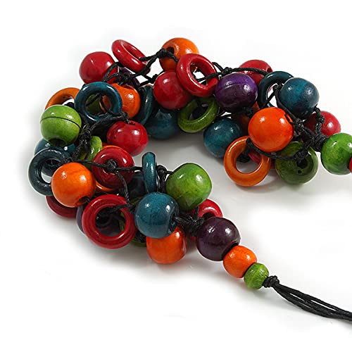 Avalaya Multicoloured Wooden Round Bead and Ring Cotton Cord Long Necklace - 80cm Max/Adjustable