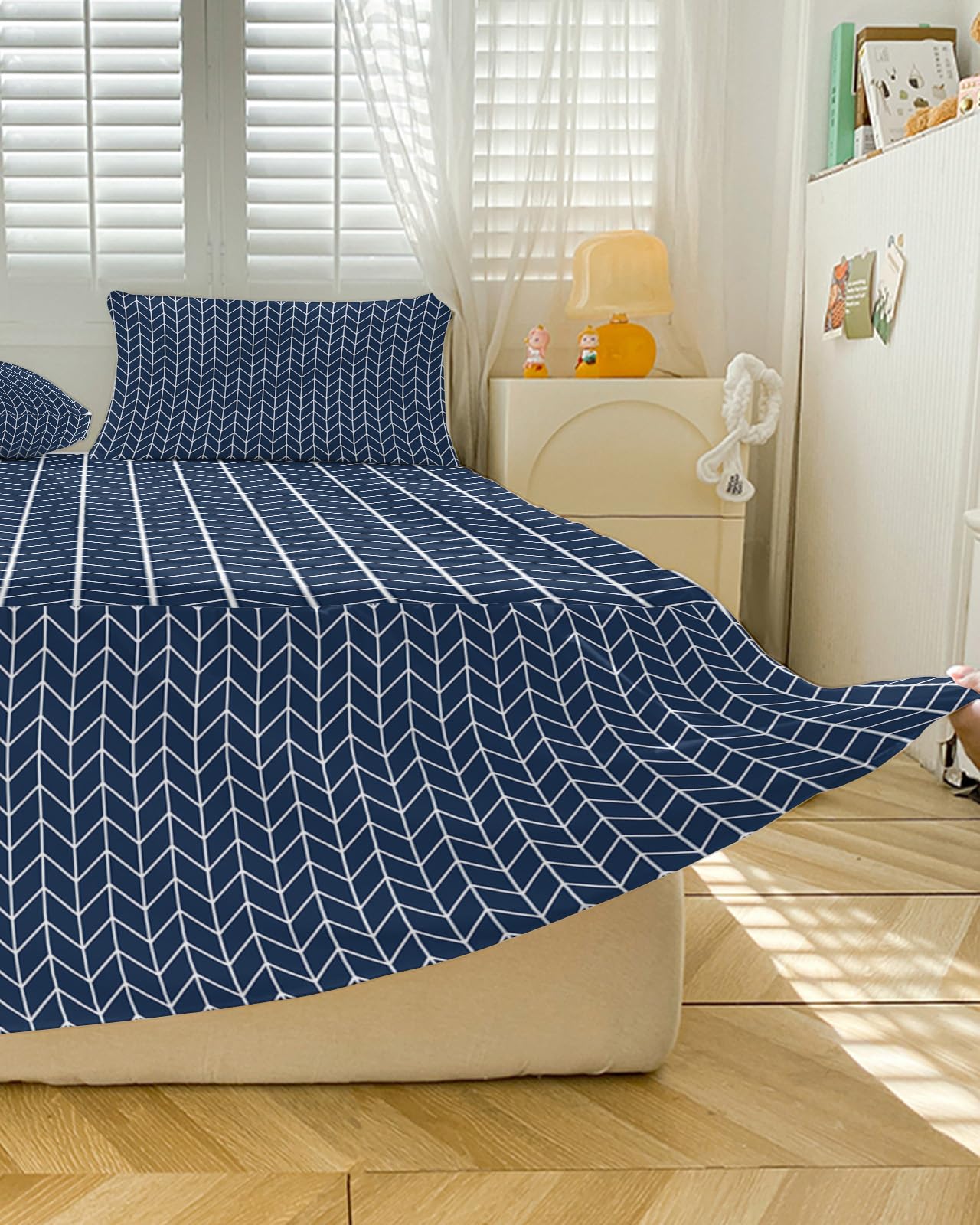 AMZRicher Navy Blue Wrap Around Pleated Bed Skirts for Queen Bed 60x80, Decorative Dust Ruffle Bed Sheet & Bedskirt 18'' Drop Bedspread with Pillow Case 20x30 Contemporary Geometric Modern Stripes