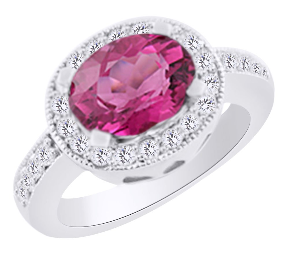 AFFY 2.9 cttw Simulated Pink Sapphire & White Natural Diamond Halo Engagement Wedding Ring in 14k White Gold with Ring Size 12.5