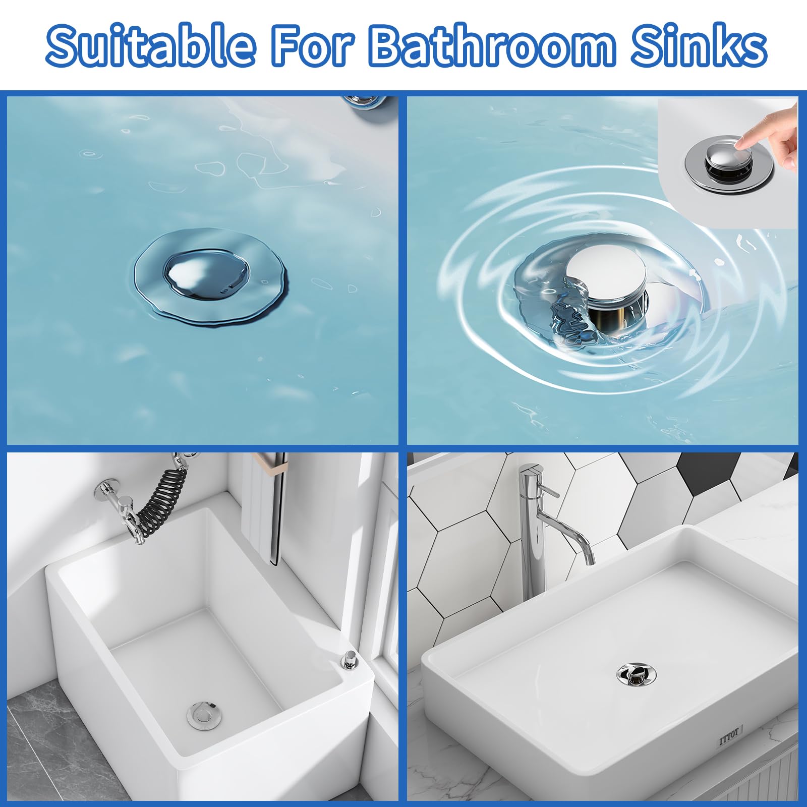 Bathroom Sink Stopper, Pop-Up Bathroom Sink Drain Strainer with Removable Stainless Steel Hair Catcher Basket, Universal Fit for US Bathroom Sinks, Bathtubs, Showers & Floor Drains Replacement Part