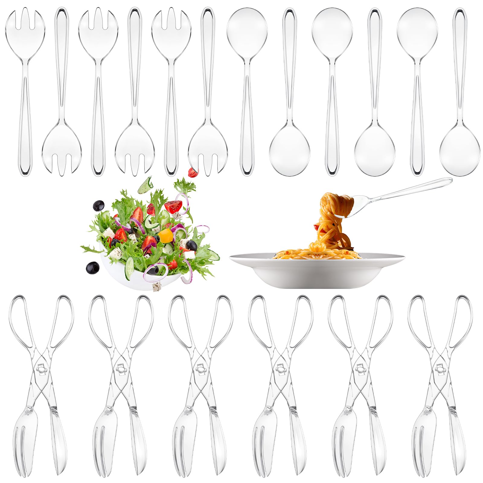 Lanties 18 Pack Plastic Serving Utensils 9" Clear Disposable Utensils Set Includes 6 Pcs Serving Spoons 6 Pcs Serving Forks 6pcs Serving Tongs for Birthday Wedding Parties Buffet Cutlery Serving Food