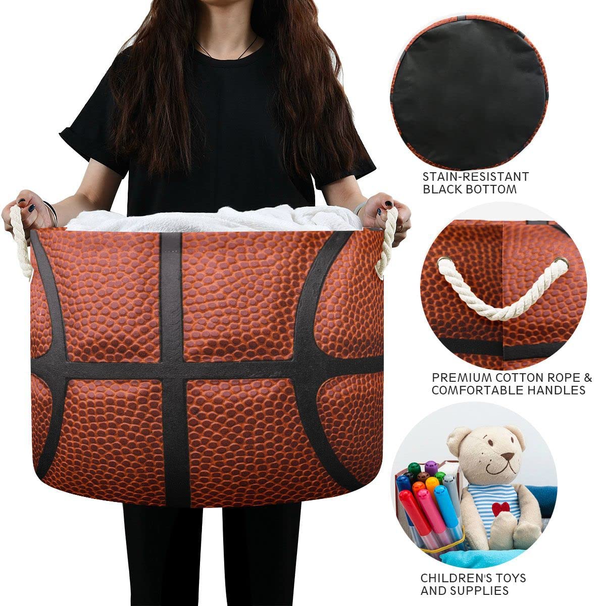 ALAZA Basketball Ball Texture Liner Storage Box Toy Basket Laundry Storage Organizer Bins with Handles Large Baskets for Living Room Nursery Decor