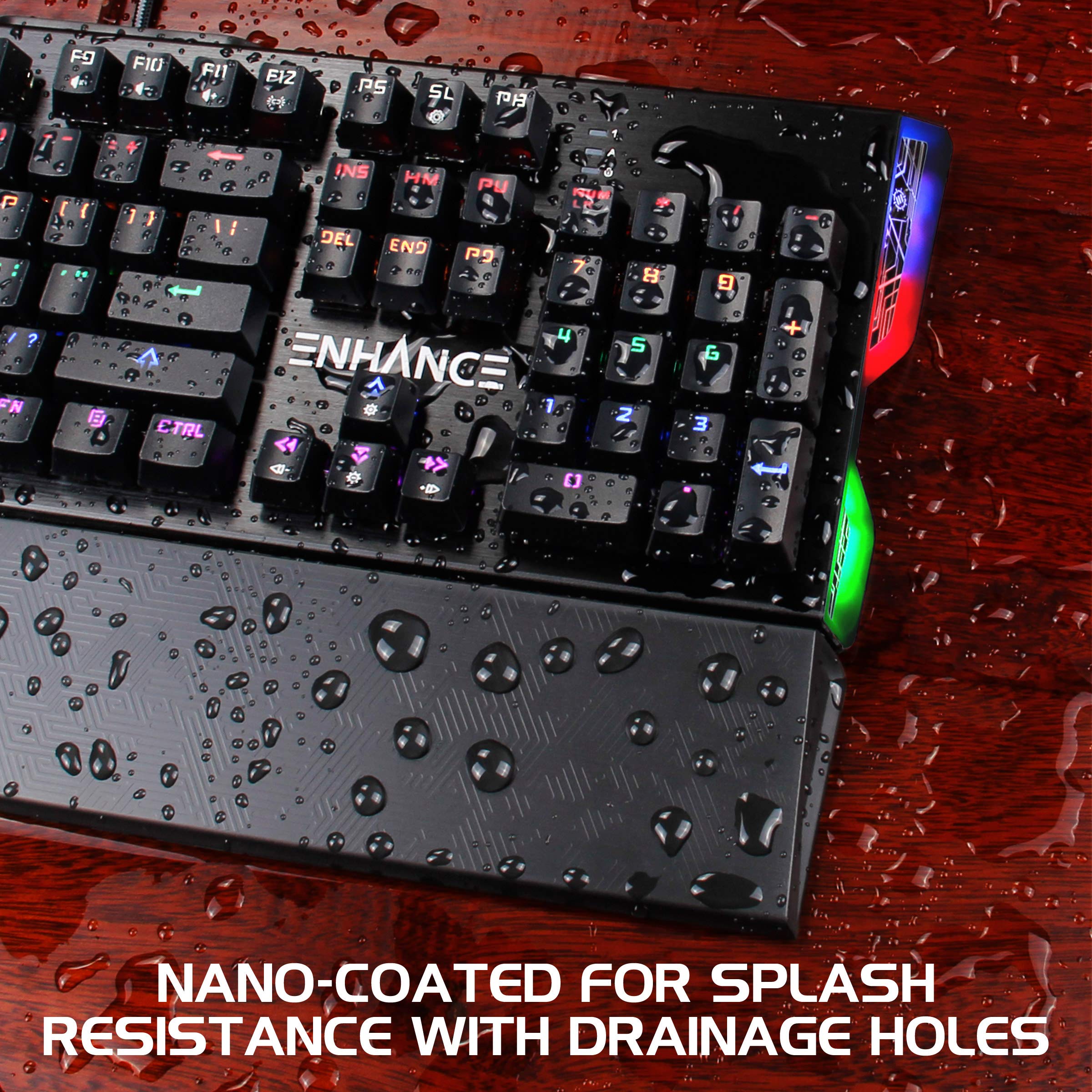 ENHANCE Pathogen Gaming Keyboard - Blue Switch Mechanical Keyboard with Fast 0.2ms Polling, Water & Dust Resistant, NKRO & Anti-Ghosting, Removable Wrist Rest, Ergonomic Keyboard Rainbow LED 9 Effects