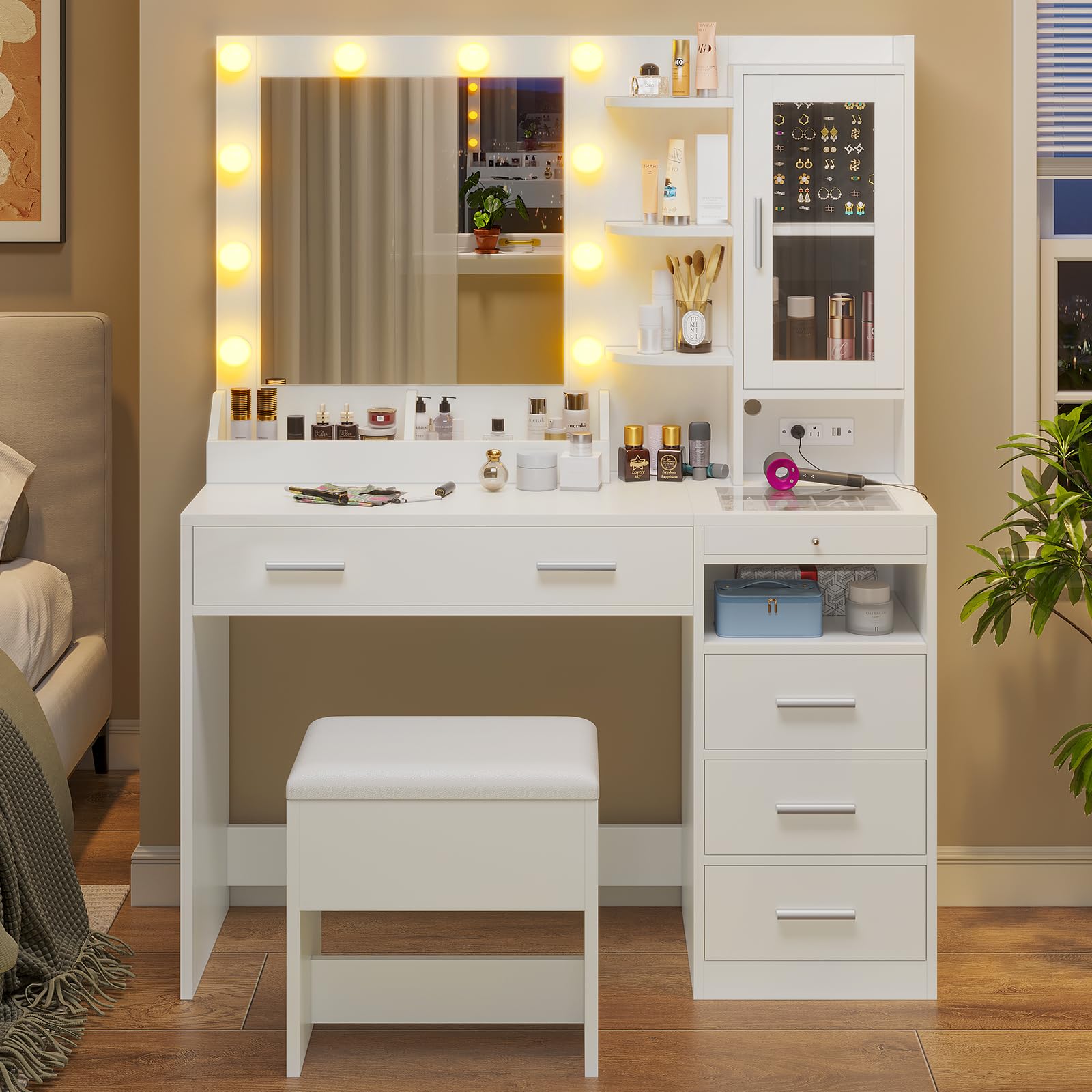 BTHFST Makeup Vanity with Upholstered Stool & Jewelry Storage, Vanity Desk with Mirror and Lights & Charging Station, Makeup Desk with Drawers & Shelves & Glass Top, White