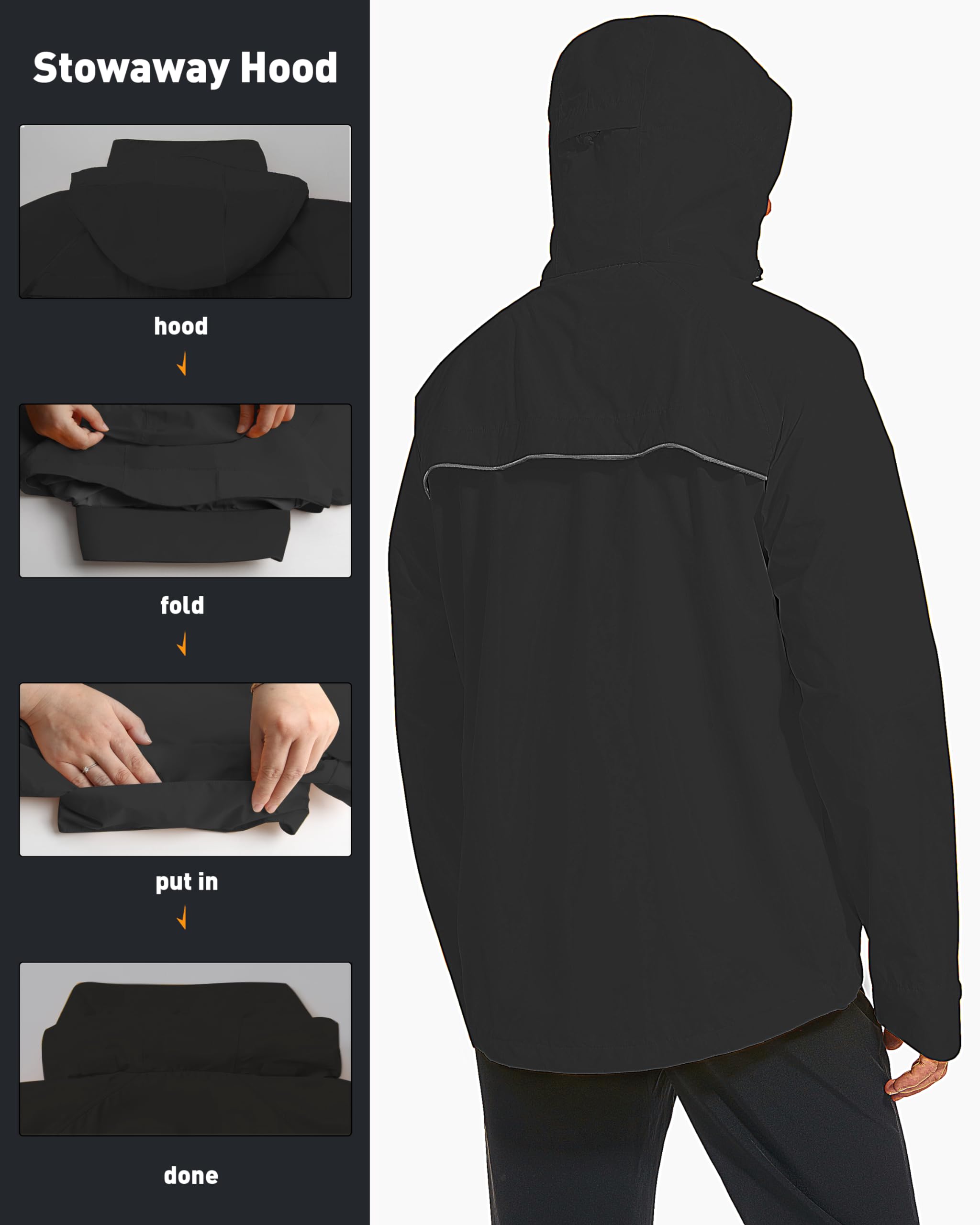ATLASLAVA Men's Packable Rain Jackets Lightweight Waterproof Reflective Windbreaker Coat with Hood Cycling Running Golf Black 3XL