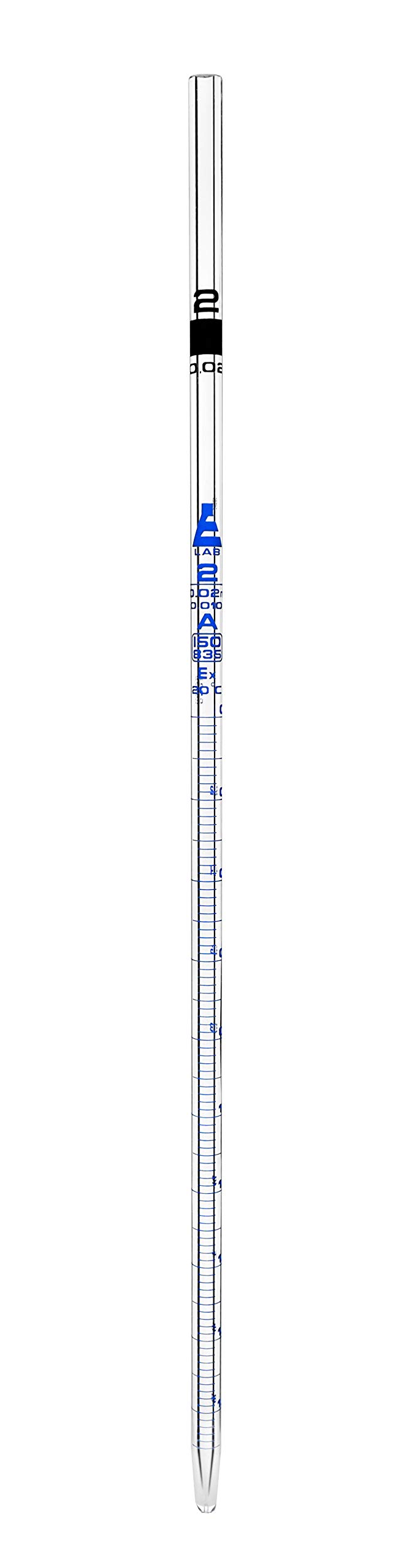 EISCO Serological Pipette, 2ml - Class A, Tolerance ±0.010ml Blue Graduations Color Code, Black Calibrated for Delivery to Jet Borosilicate Glass- Eisco Labs