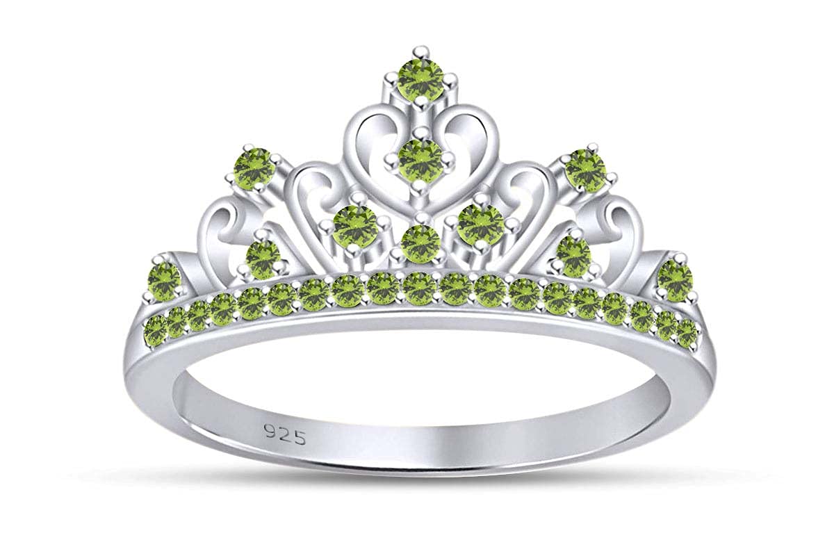 AFFY Round Cut Simulated Peridot Princess Crown Ring in 14k White Gold Over Sterling Silver