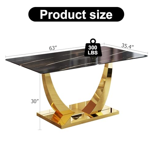 63" Glass Dining Table for 4-6, Rectangular Dining Room Table with 0.39'' Black Imitation Marble Tempered Glass Tabletop, U-Shaped Plated Metal Base Dining Table for Dining Room Kitchen