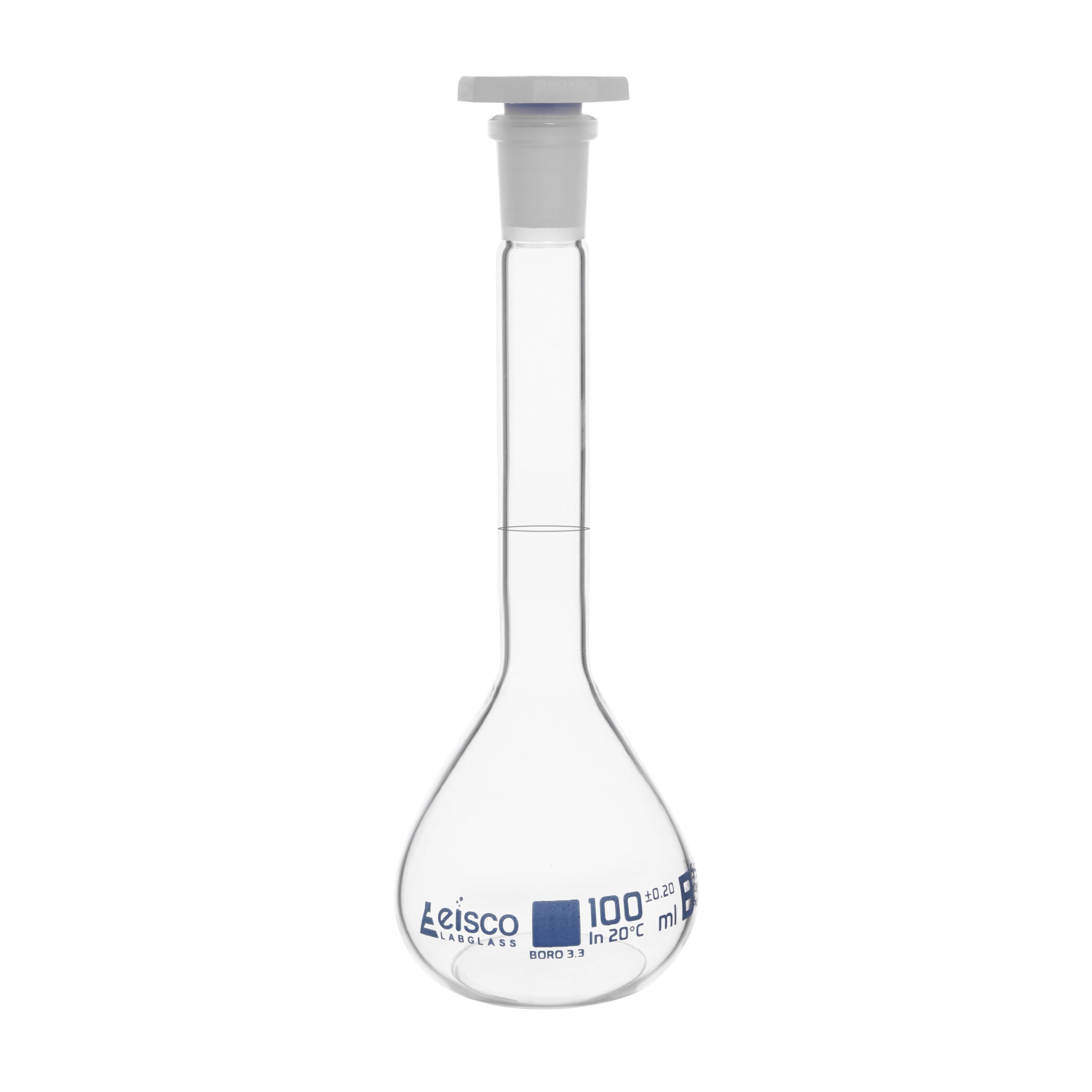 EISCO Volumetric Flask, 100ml - Class B - 14/23 Polyethylene Stopper, Borosilicate Glass - Blue Graduation, Tolerance ±0.200