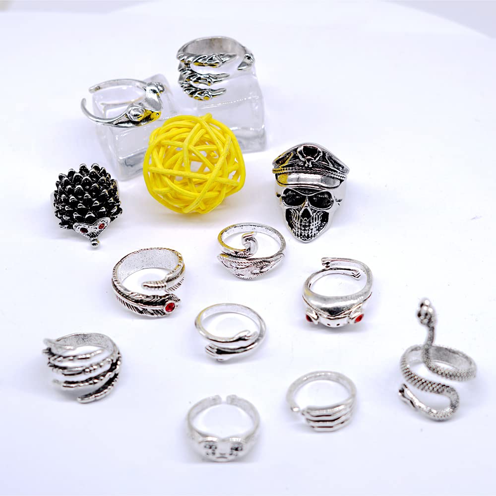 ASHMITA 12 PCS Silver Frog Ring Set Cute Animal Adjustable Rings Vintage Pairing Ring Snake, Hug, Lucky Face Eagle Claw Ring Gifts for Women Men