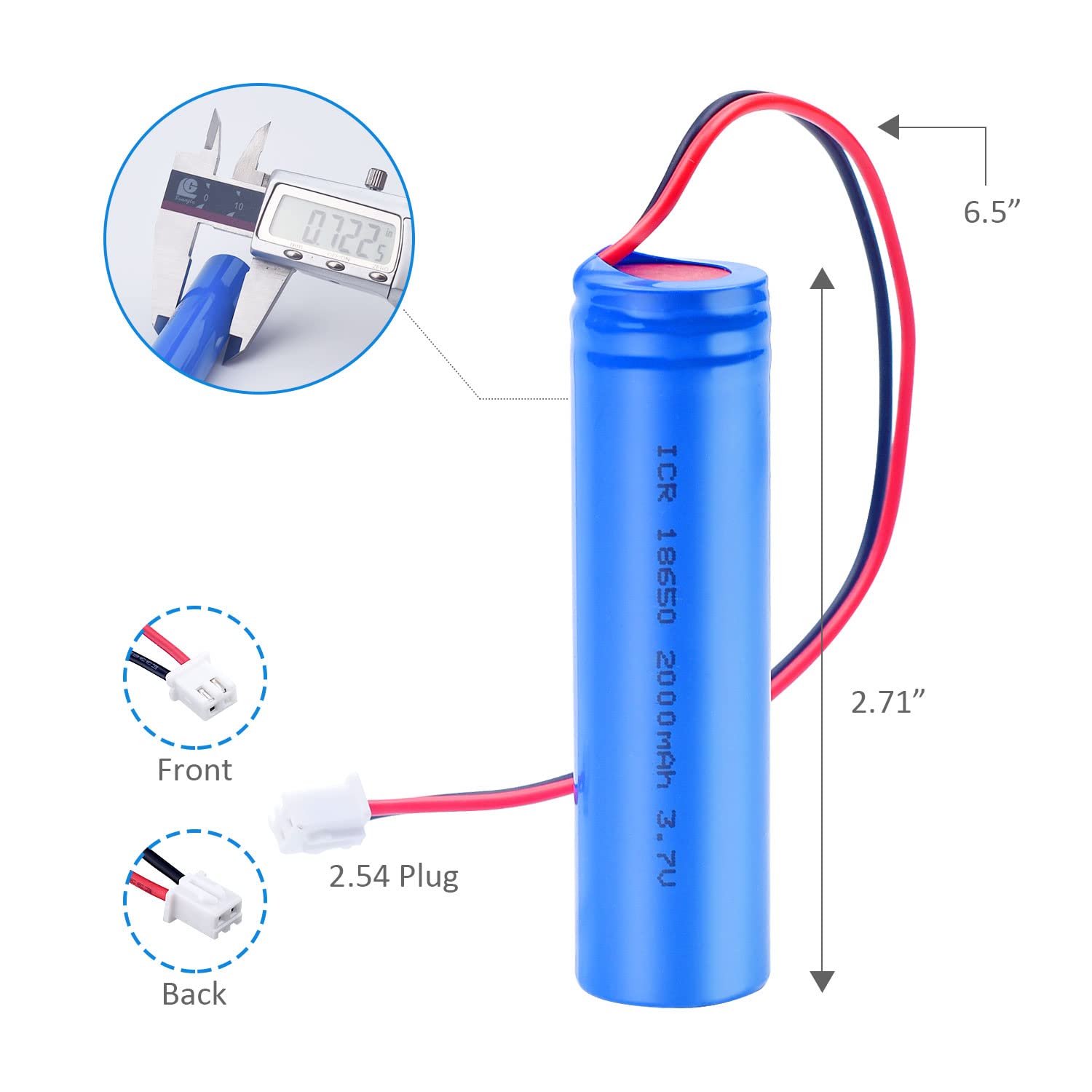 AUDEEKON 3.7Volt Lipo Battery 2000mAh Rechargeable Battery Pack with Wire and JST Connector, ICR18650 Battery 2000mah 3.7v Replacement Batteries for Electronics, Toys, Lighting, Equipment