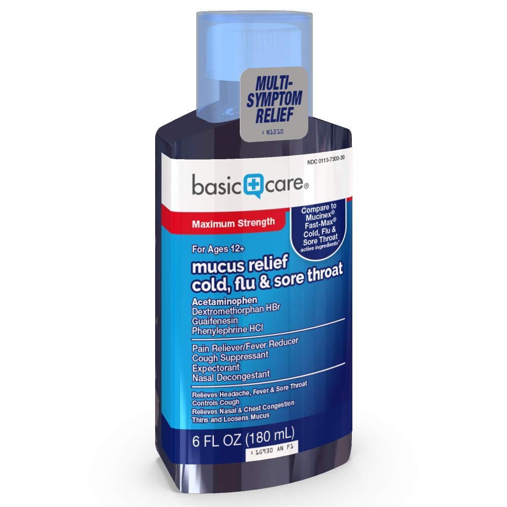 Amazon Basic Care Mucus Relief Cold, Flu & Sore Throat Syrup, Helps Relieve Common Cold and Flu Symptoms, 6 fl Oz (Pack of 1)