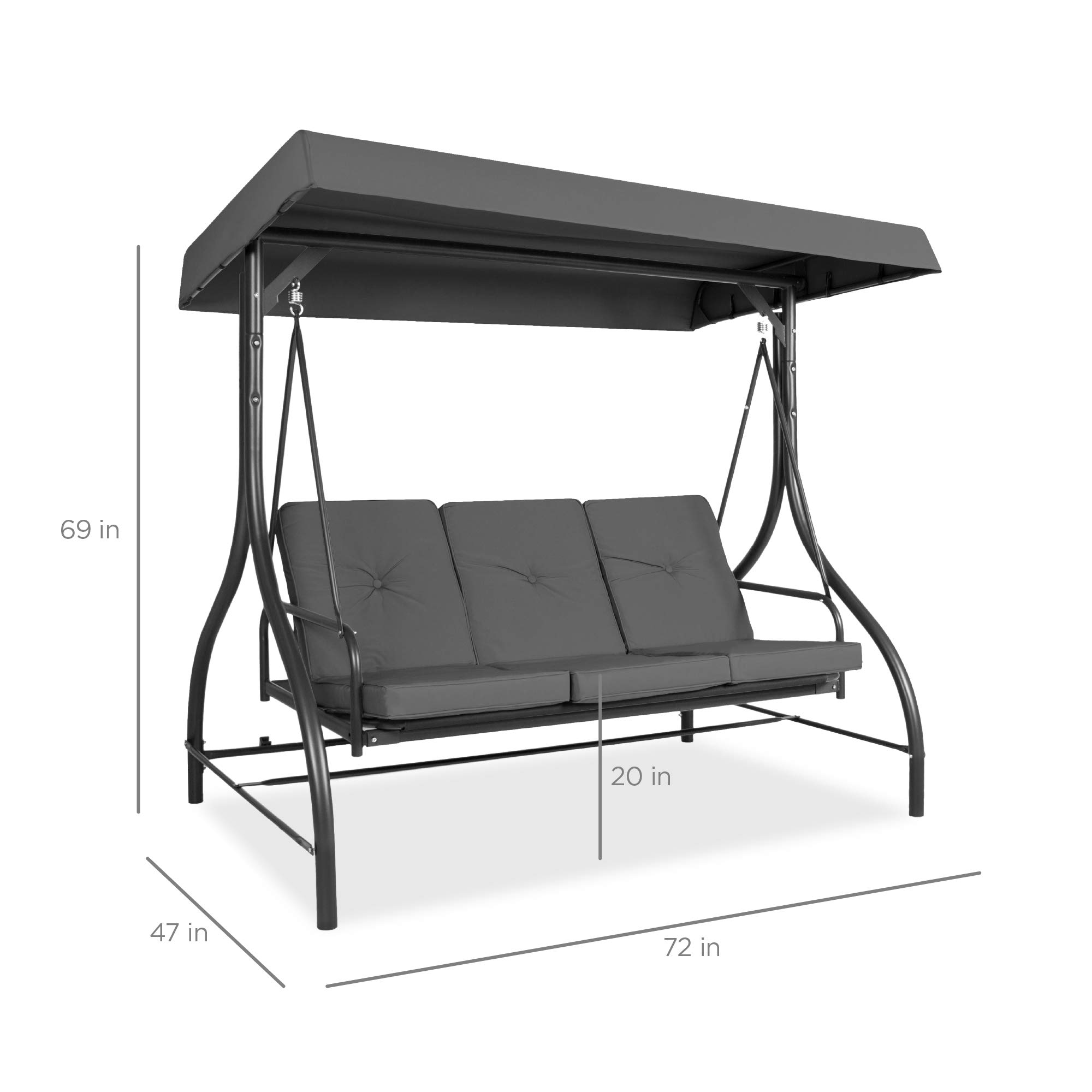 Best Choice Products 3-Seat Outdoor Large Converting Canopy Swing Glider, Patio Hammock Lounge Chair for Porch, Backyard w/Flatbed, Adjustable Shade, Removable Cushions - Gray