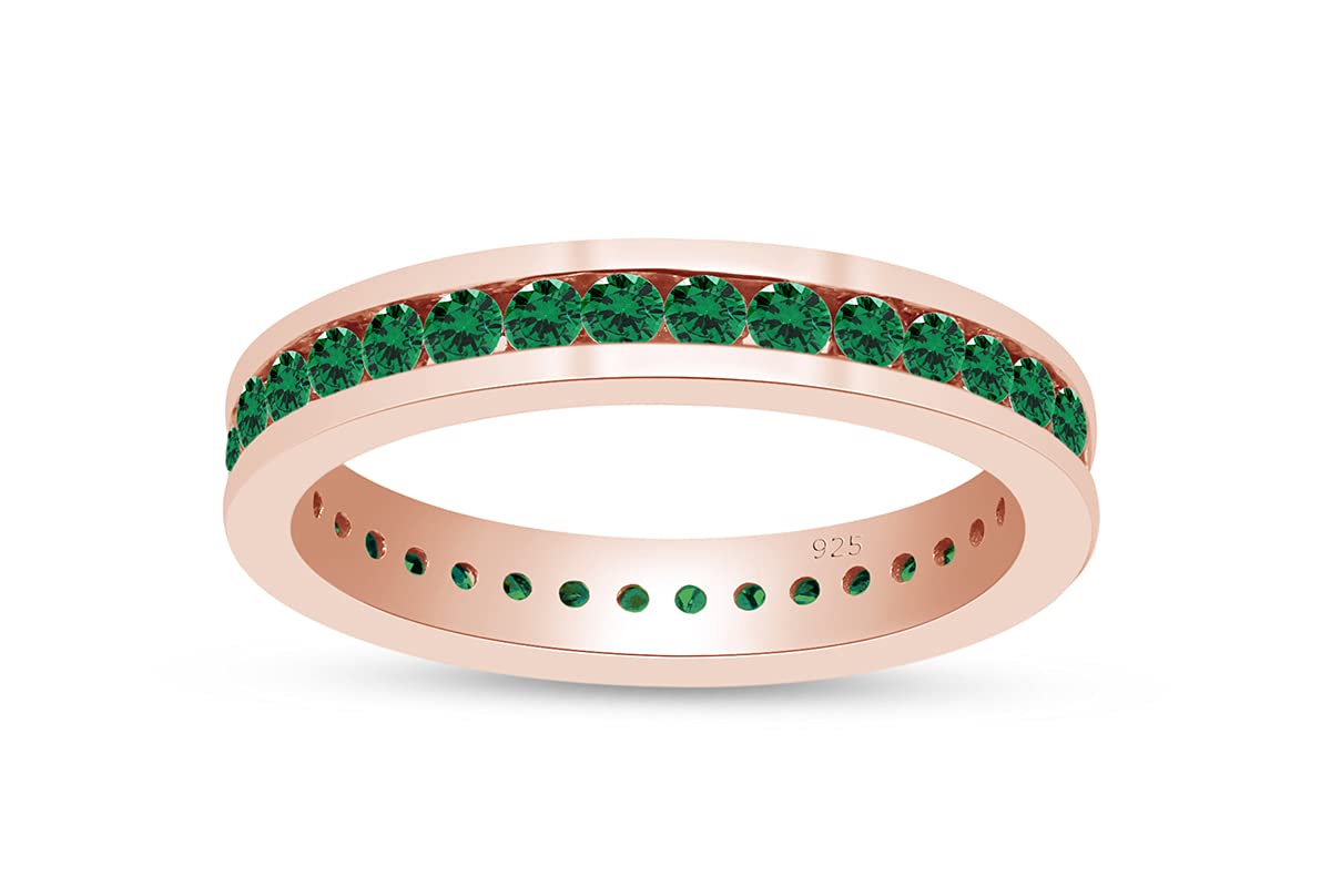 AFFY Round Shape Simulated Green Emerald Full Eternity Band Ring in 14K Rose Gold Over Sterling Silver, Ring Size: 7.5