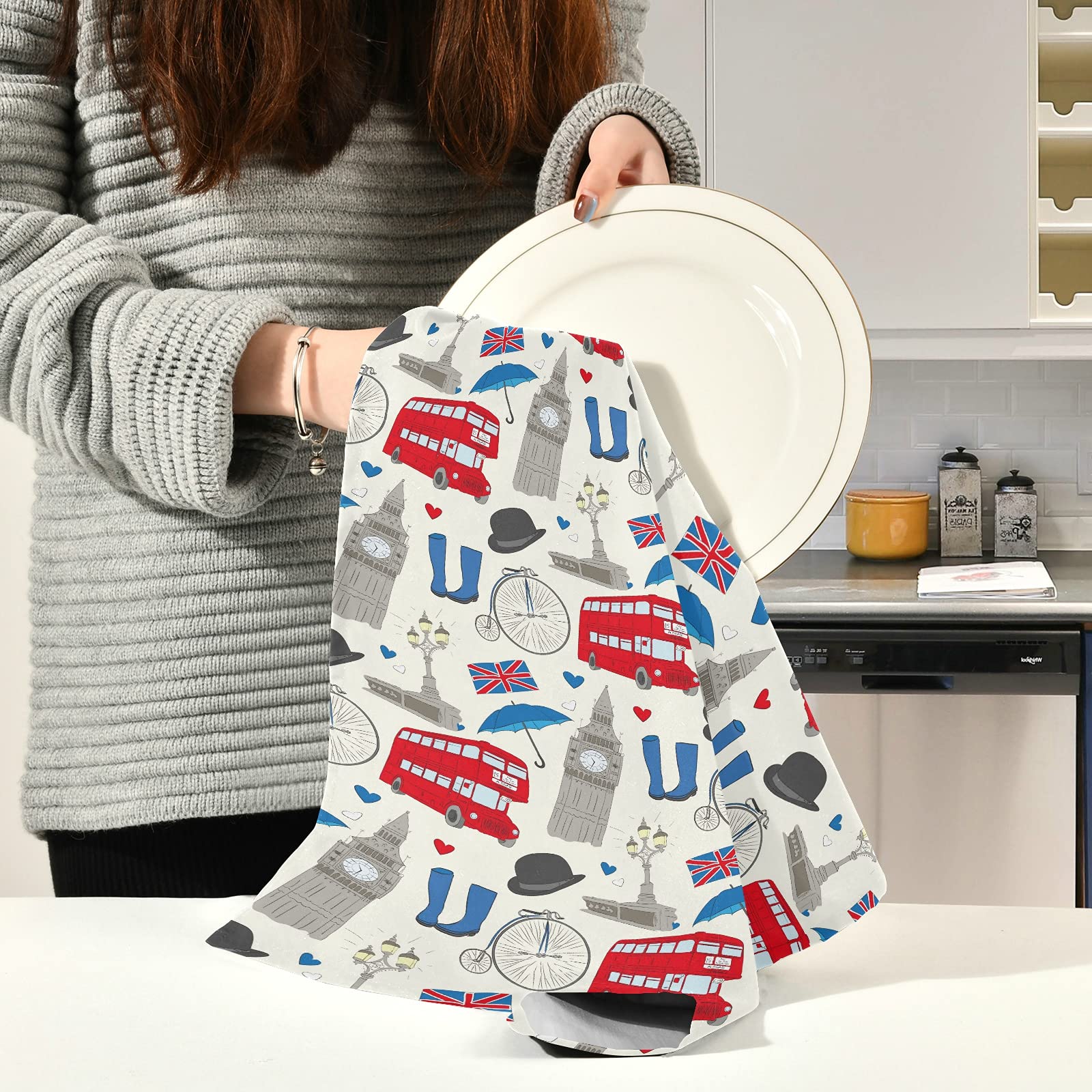 ALAZA Cartoon Big Ben Bus British Flag Kitchen Towels Dish Bar Tea Towel Dishcloths Set of 4 Super Absorbent Soft 18 x 28 inches