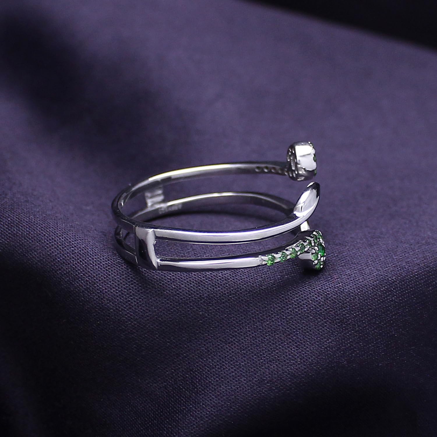 AFFY Round Cut Simulated Emerald Leaf Guard Enhancer Ring in 14k White Gold Over Sterling Silver Ring Size-12