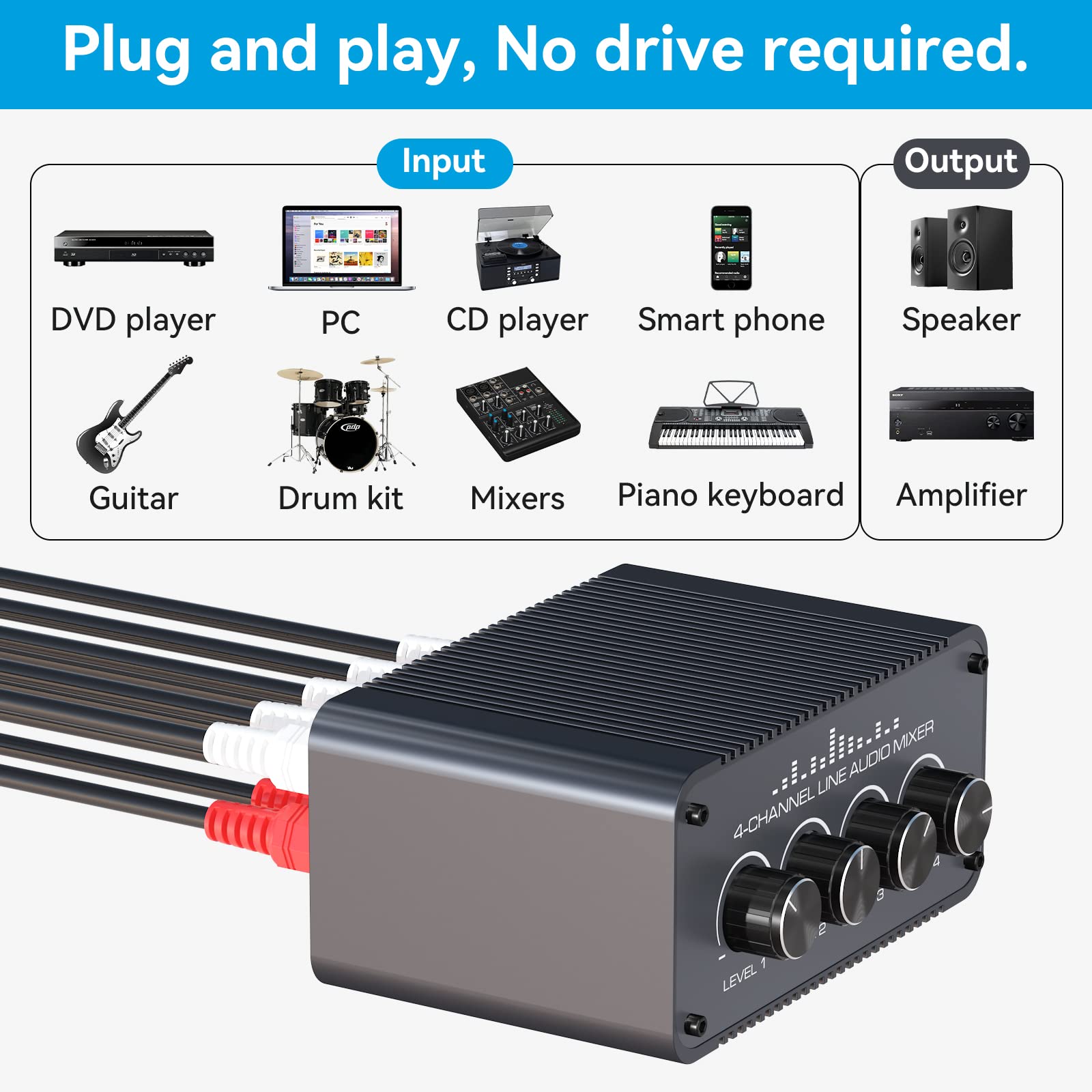 Audio Mixer Ultra Low Noise 4 Channel RCA L/R line Levels Control Box Passive Mixer RCA Inputs Output Separate Volume Controls for Small Club Bar or Recording Studio