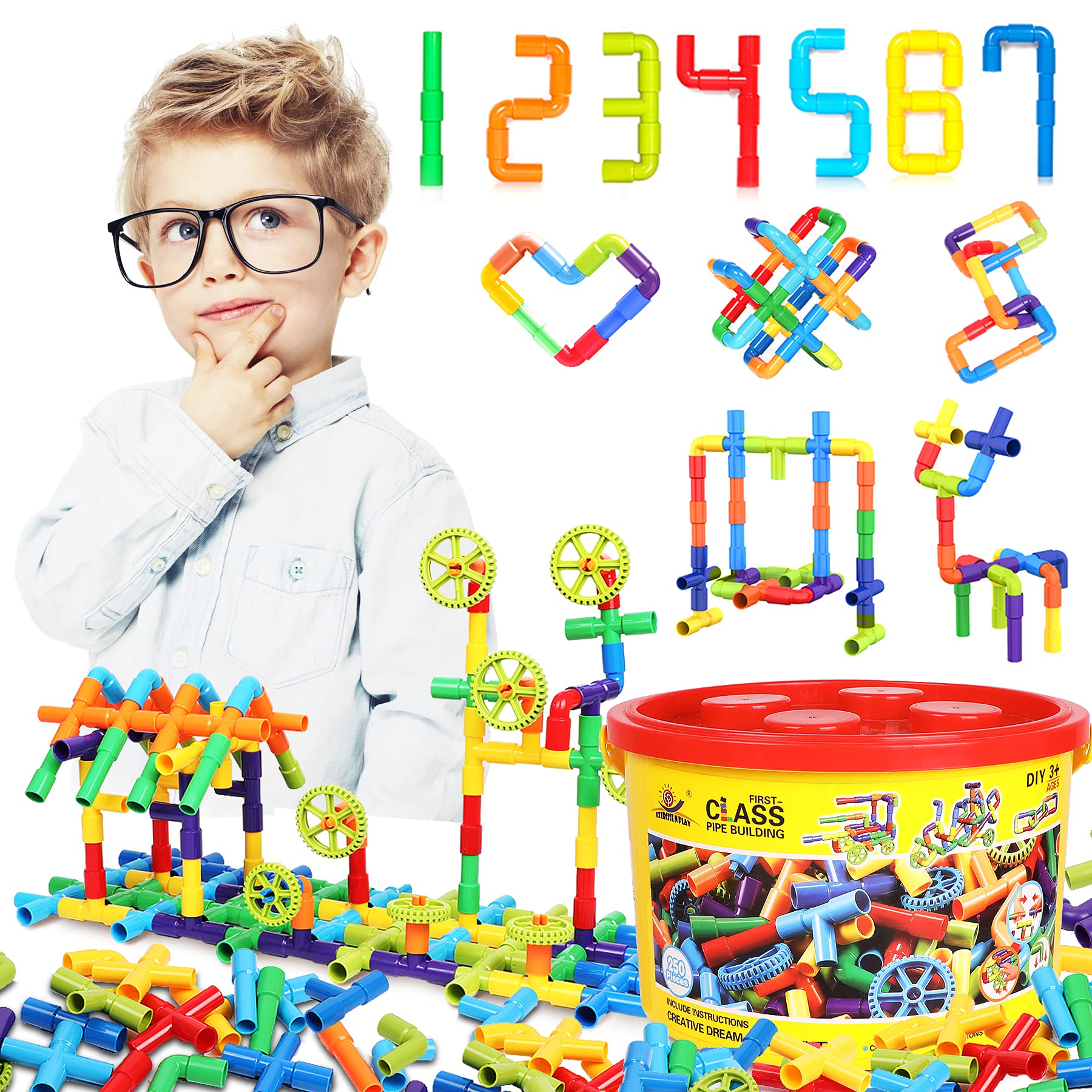 EP EXERCISE N PLAY Kids STEM Building Toys Tube Locks Construction Blocks Set Creativity Interlocking Pipe, Preschool Educational Learning Toys Gift Present for Toddlers Boys and Girls 3-5 (250PCS)