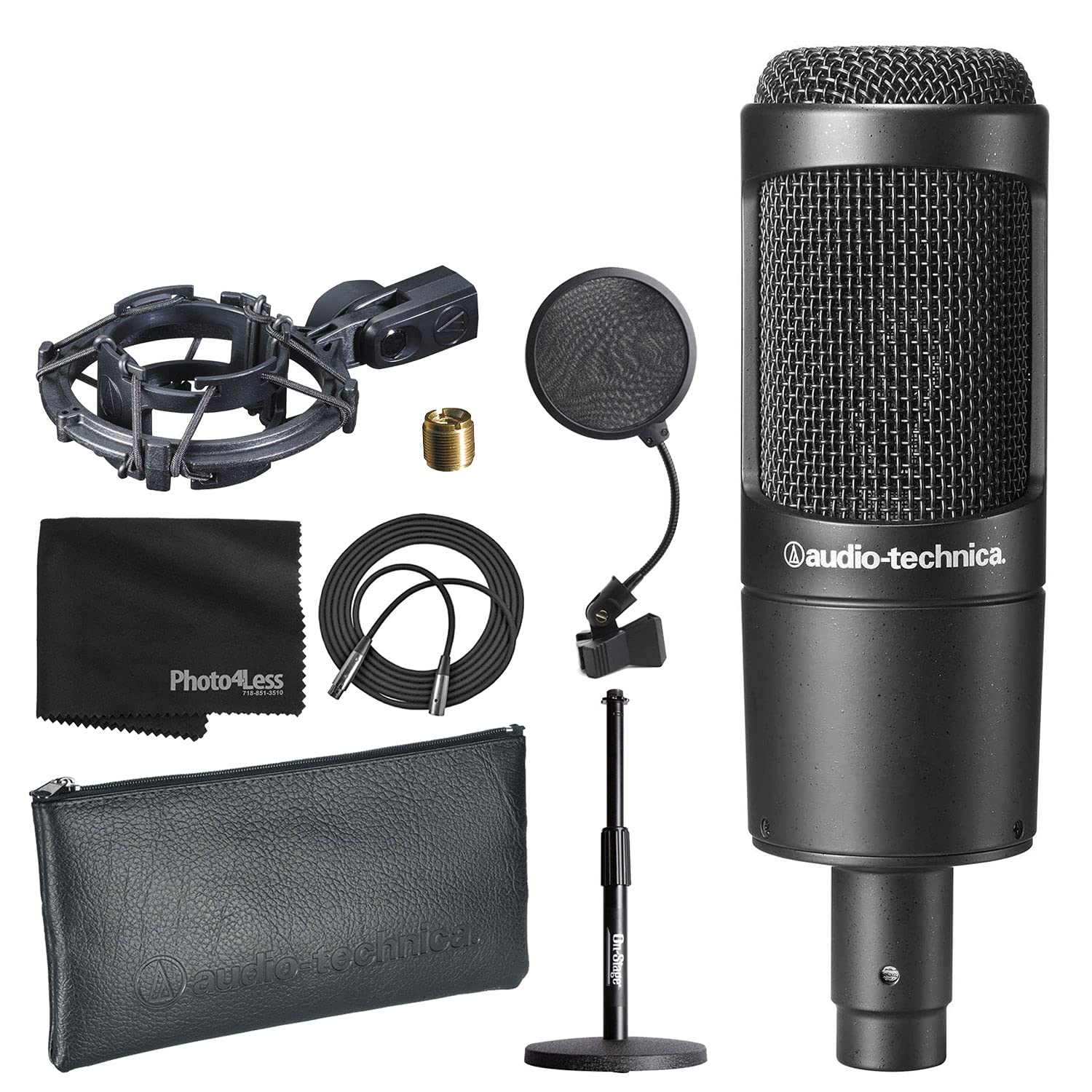 Audio-Technica AT2035 Large Diaphragm Studio Condenser Microphone + Pop Filter + Mic Stand + Cable - Deluxe Bundle