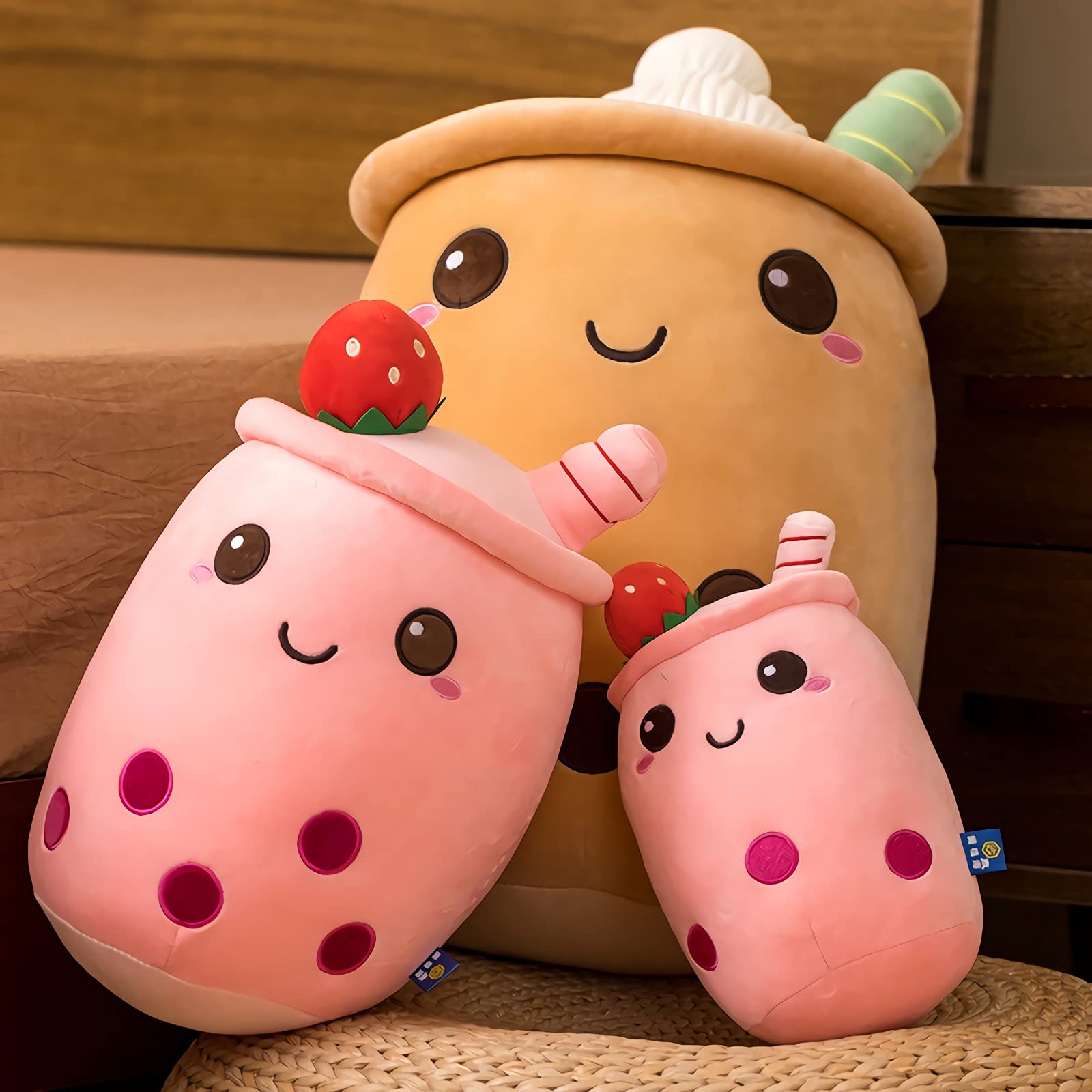 VICKYPOP Boba Plush Toy Cute Stuffed Bubble Tea Food Shaped Throw Pillow Cushion Cartoon Fruit Milk Tea Gift for Kids (Pink Open, 9.4 inches)