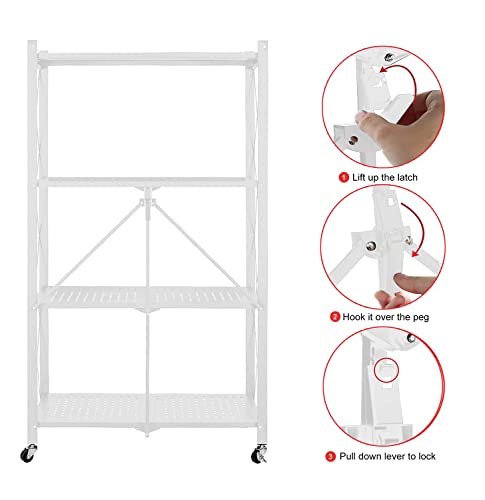 ShanSon Storage Shelves with Wheels 4 Tier Heavy Duty Foldable Metal Rack Storage Shelving Units for Garage Kitchen，White