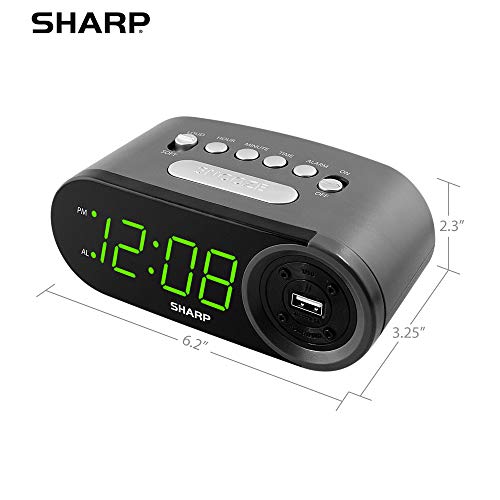 SHARP Digital Easy to Read Alarm Clock with 2 AMP High-Speed USB Charging Power Port - Charge Your Phone, Tablet with a high Speed Charge! Simple, Easy to Use Operation, Black β Green LEDs