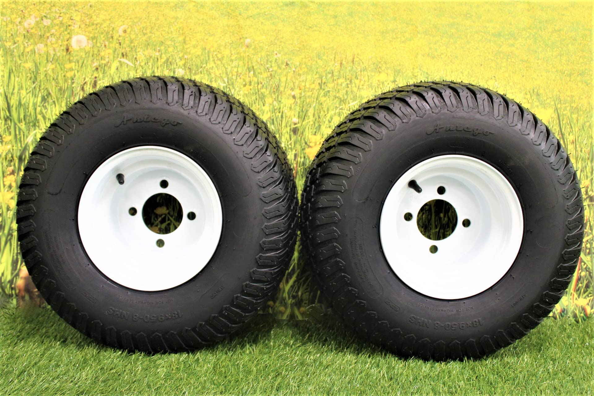 Antego Tire & Wheel - Set of Two 18x9.50-8 4 Ply Tire & Wheel Assemblies | White 8x7 Wheel | Direct Replacement for Toro/Exmark 110-6883, 120-2249 | Suitable for Golf Carts & Some Craftsman Mowers