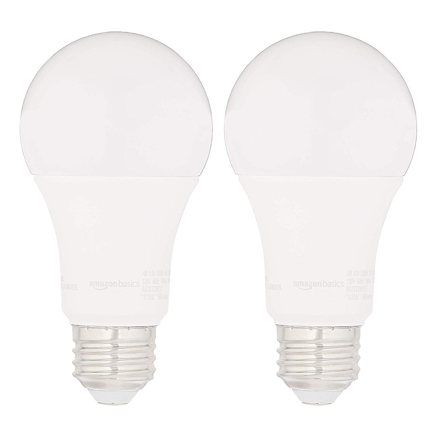 Amazon Basics 15 W Equivalent, Daylight White, Dimmable, 10,000 Hour Lifetime, A19 LED Light Bulb, 2-Pack