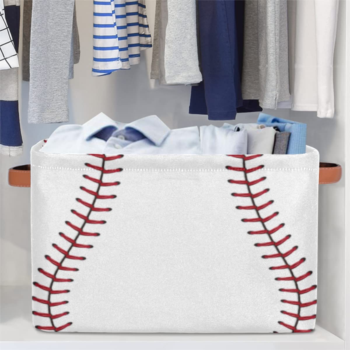 AUUXVA Baseball Stitches Laces Storage Bins Baskets Fabric Laundry Baskets, Red Softball Storage Cube Boxes Organizer Bag Bin for Toy Organizing Book Storage Shelves Nursery Closet