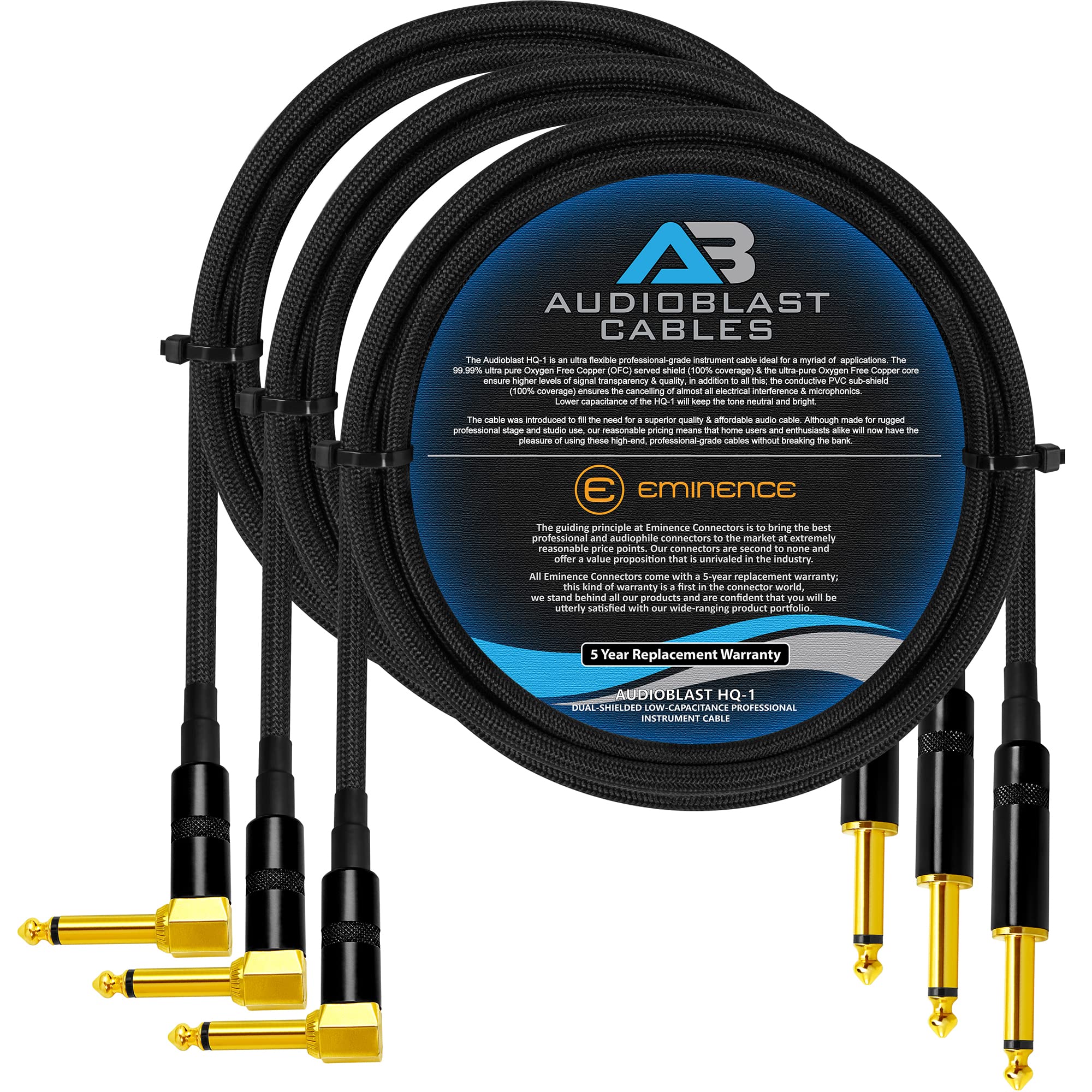 Audioblast - 3 Units - 3 Foot - HQ-1 - BRAID (Black)Flexible -Dual Shielded(100%)-Guitar Instrument Effects Pedal Patch Cable w/ Eminence Straight & Angled Gold ¼ inch (6.35mm) TS Plugs & Double Boots