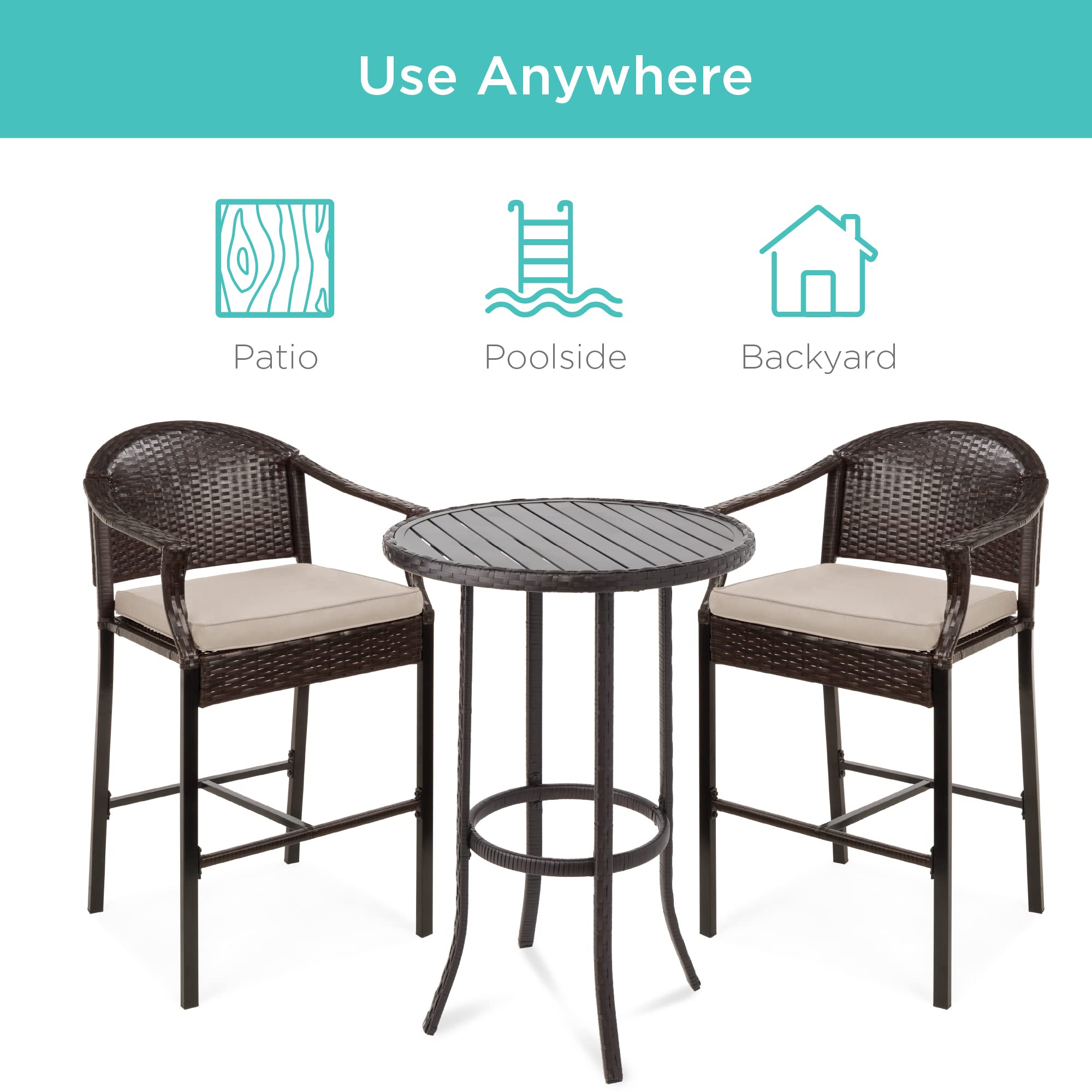 Best Choice Products 3-Piece Patio Bar Table Set, Outdoor Wicker Bar Height Bistro Furniture for Backyard, Poolside, Balcony w/Barstools, Cushions, Steel Frame β Brown/Beige